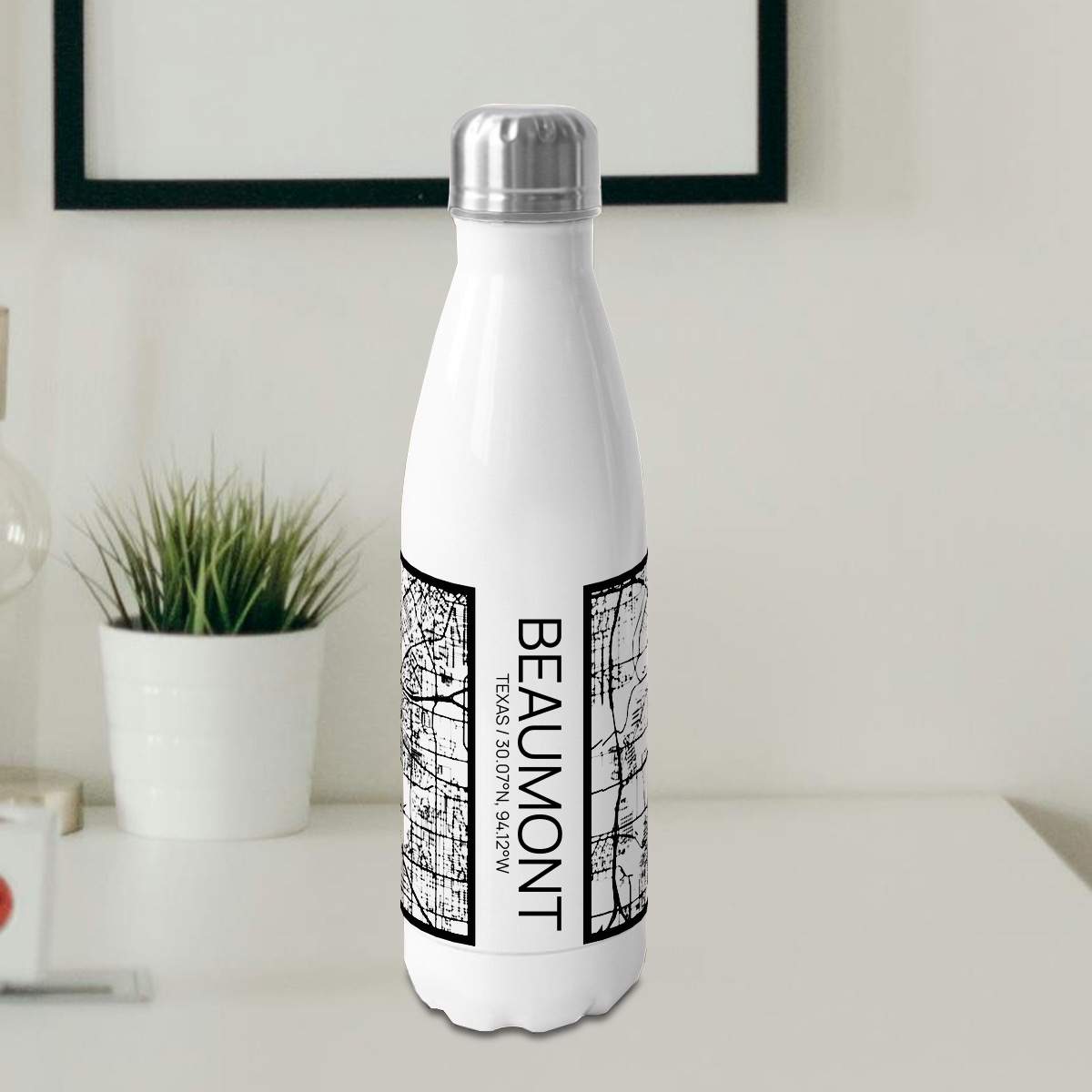Beaumont - Texas Tactile Lines Map Insulated Bottle in Matte White ...