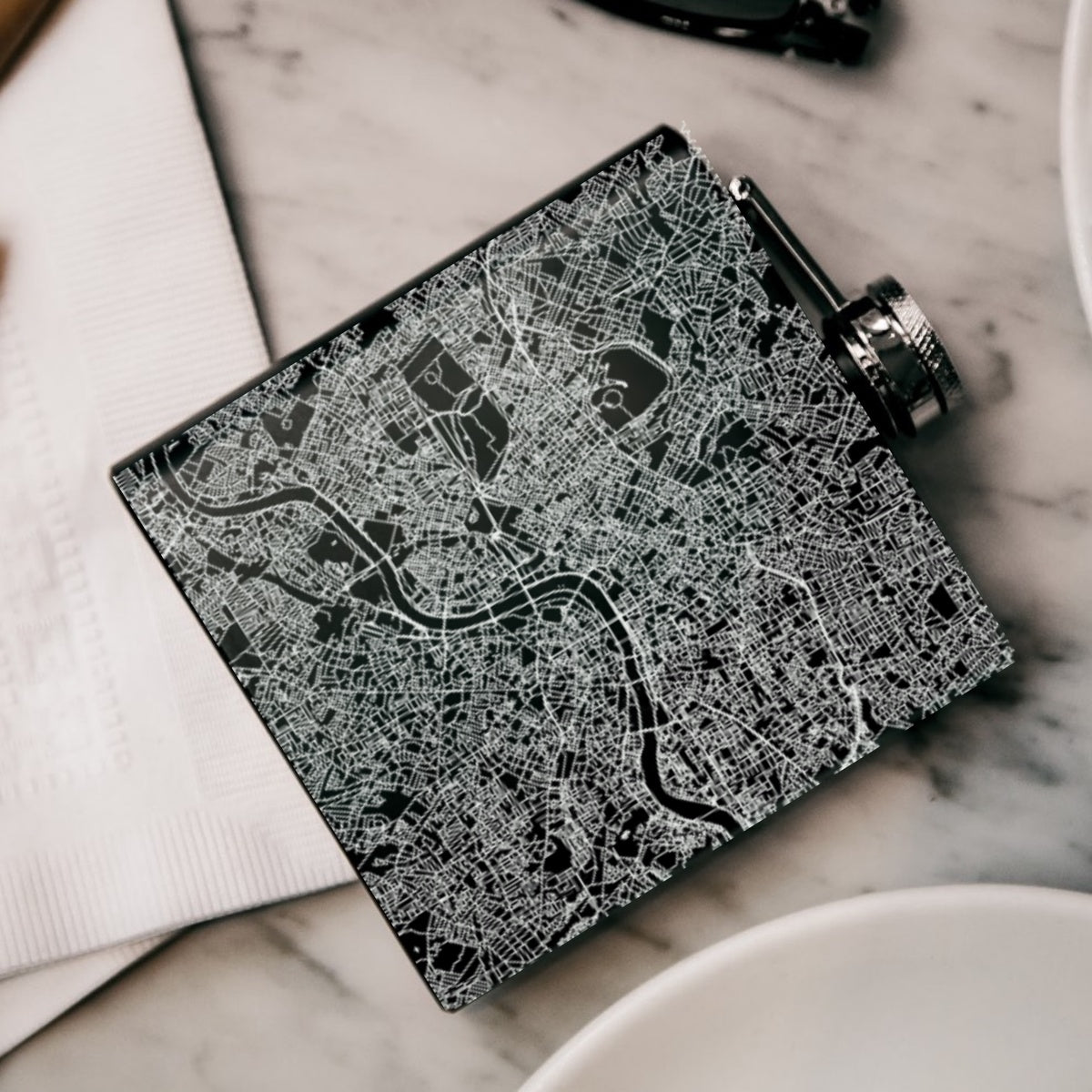 London - United Kingdom Engraved Map Hip Flask in Matte Black — JACE Maps