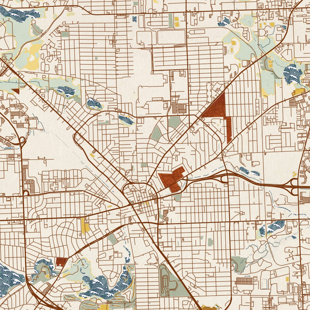 Pontiac - Michigan Map Print in Woodblock — JACE Maps
