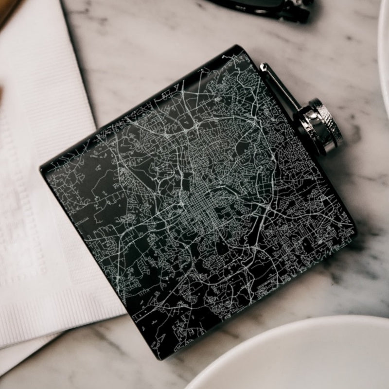 Raleigh - North Carolina Engraved Map Hip Flask in Matte Black — JACE Maps